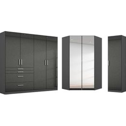 Schrank-Set Rauch "Kleiderschrank Schrank Garderobe Garderobenschrank Eckschrank HOMBURG", grau (graumetallic, hochglanz effektgrau), B:298cm H:197cm T:163cm, Holzwerkstoff, Kastenm&ouml;bel-Sets, Schrank-Set, viel Stauraum, oberer Schubkasten mit Einteilung MADE IN GERMANY