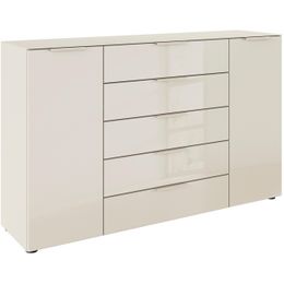 Schubkastenkommode Rauch "Kommode T&uuml;rkommode Sideboard Kombikommode FLIPP mit Glasfront", beige (beige, glas beige (champagner)), B:160cm H:99cm T:42cm, Holzwerkstoff, Sideboards, Schubkastenkommode, 2-t&uuml;rig, 5 Schubladen, Soft-Close, Oberboden und Front Glas, 2 Breiten