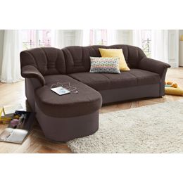 Ecksofa DOMO collection "Elva, zeitloses Design, elegante R&uuml;ckensteppung, Breite 233cm L-Form", braun (mokka, braun), B:240cm H:84cm T:82cm, Kunstleder SOFTLUX / Struktur ( 100% Polyester);Microfaser PRIMABELLE (100% Polyester);(gepr&auml;gte) Luxus-Microfaser (100% Polyester), Sofas, Ecksofa, wahlweise mit Bettfunktion und Federkern