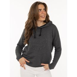 Hoodie Zwillingsherz "Moin", Damen, Gr. L/XL, dunkelgrau, Sweatware, Obermaterial: 70% Baumwolle, 30% Polyester, comfort fit h&uuml;ftlang, hoch geschlossener Ausschnitt, Sweatshirts Hoodie, Kapuze, Kordelzug, Langarm, maritimer Schriftzug