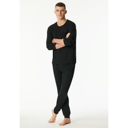 Schlafanzug Schiesser "Modern Nightwear", Herren, Gr. 50, schwarz, Single Jersey, Obermaterial: 100% Baumwolle, bequem lang, Rundhals, Homewear-Sets Schlafanzug, seitliche Taschen, Brusttasche, Langarm, Baumwolle, Single Jersey