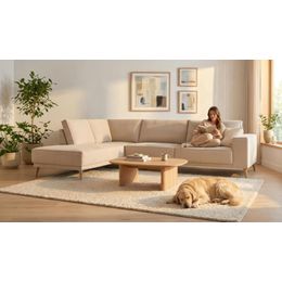 Ecksofa OTTO HOME "Oland Skandi, weicher Chenille-Stoff", beige, B:289cm H:85cm T:210cm, 100% Polyester, Sofas, Ecksofa, L-Form, 289 cm, Wellenunterfederung, Skandi-Design, Massivholzf&uuml;&szlig;e
