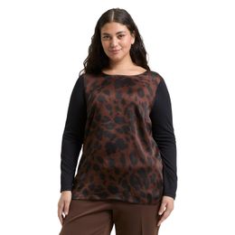 Langarmshirt Tom Tailor PLUS, Damen, Gr. 44, braun schwarz big leo print, Single Jersey, Obermaterial: 70% Viskose, 30% Polyester, regular fit normal, U-Boot-Ausschnitt, gerader Abschluss, Shirts Langarmshirt, mit Animal Print