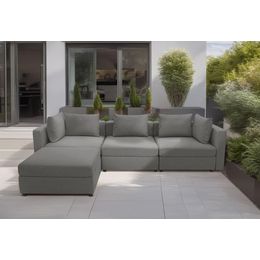 3-Sitzer DOMO collection "Solskin, individuell erweiterbar/kombinierbar", grau (anthrazit), B:312cm H:80cm T:96cm, 100% solution dyed Acryl, Sofas, 3-Sitzer, mit losen Kissen. R&uuml;cken- und Seitenteile als Stecksystem.