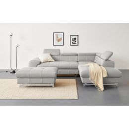Ecksofa COTTA "Chef L-Form", grau (argent), B:257cm H:72cm T:206cm, Luxus-Microfaser (100% Polyester);Kunstleder Softlux;Leder Advantage (abgedecktes Spalt-Rindsleder), R&uuml;ckseite mit schwarzem Spannstoff bezogen;NaturLEDER (echtes Rindsleder), R&uuml;ckseite mit schwarzem Spannstoff bezogen, Sofas, Ecksofa, mit Kopfteilverstellung, edle Metallkufen, wahlweise mit Bettfunktion