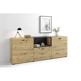 Sideboard ByLiving "Frame", artisan eiche, B:200cm H:75,5cm T:37,5cm, FSC-zertifizierter Holzwerkstoff, Glas, Kunststoff, Metall, Sideboards, Sideboard, moderne Kommode mit Metalleinsatz und Glasplatte, 200cm breit.