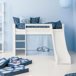 Hochbett Hoppekids "&laquo;Cars&raquo;", wei&szlig; (wei&szlig;, dream blau, wei&szlig;, wei&szlig;), B:81cm H:9cm L:168cm, Bett: 100% Massivholz, Nordische Kiefer;Rutsche: MDF;Vorhang: 100% Baumwolle;Matratze: Waterlily-Schaum mit vertikalen L&uuml;ftungsschlitzen;Matratzenbezug: 23% Bambus, 77% Polyester, gesteppt mit Thermowolle, Hochbetten, Hochbett, Rutsche & Vorhang Blau und viel Auswahl