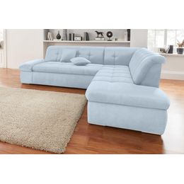 Ecksofa DOMO collection "NMoric incl. Zierkissen B/T/H: 273/216/80 cm L-Form", blau (pastelblau), B:273cm H:80cm T:216cm, Chenille (85% Polyester, 15% Acryl);Luxus-Microfaser (100% Polyester);Struktur ( 100% Polyester);Microfaser PRIMABELLE (100% Polyester), Sofas, Ecksofa, Ottomanen-Abschluss, wahlweise mit Bettfunktion und Armlehnverstellung