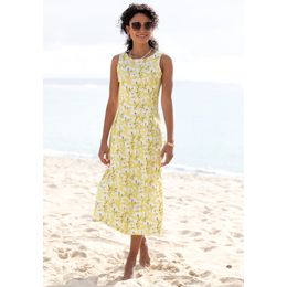 Beach Time Sommerkleid BEACHTIME, Damen, Gr. 40, N-Gr, gelb, creme bedruckt, Jersey, Obermaterial: 60% Viskose, 35% Polyester, 5% Elasthan, bedruckt, gebl&uuml;mt, figurumspielend ca. Mitte Wade, Rundhals, Kleider Sommerkleid