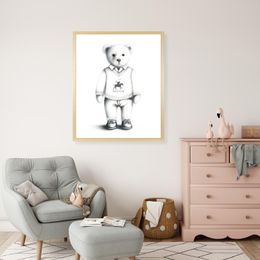 Bild mit Rahmen queence "Vintage Polo Teddy B&auml;r in Pullunder", farbe rahmen: beige, farbe bild(er): grau, B:50cm H:70cm T:1,5cm, Acrylglas, Holzrahmen, Bilder, Bild mit Rahmen, HD Premium Poster-Druck inkl. Echtholzrahmen in beige
