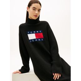 Strickkleid Tommy Jeans "TJW TURTLENECK FLAG DRESS EXT", Damen, Gr. L (40), N-Gr, schwarz, Strick, Obermaterial: 53% Polyester, 38% Nylon, 9% Wolle, bedruckt, regular fit, Kleider Strickkleid
