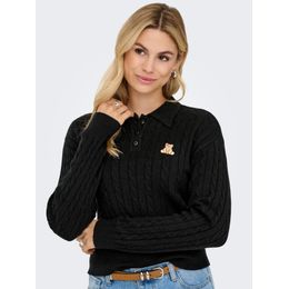 Strickpullover Only "ONLKATIA LS CABLE POLO CC KNT", Damen, Gr. M, schwarz detail:teddy emb, dtm button, Strick, Obermaterial: 50% Viskose, 27% Nylon, 23% Polyester, gestreift, regular fit normal, Rundhals, Pullover Strickpullover