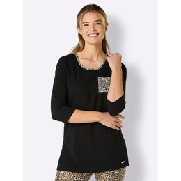 Rundhalsshirt feel good "Longshirt", Damen, Gr. 40/42, schwarz, 95% Baumwolle, 5% Elasthan, gemustert, Shirts Rundhalsshirt