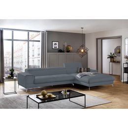 Ecksofa W.Schillig "piedroo, Designsofa mit tollem Sitzkomfort, bequem und elegant, L-Form", blau (blau z69), B:343cm H:70cm T:193cm, Longlife Xtra-Leder Z69: Das feinnarbige, gedeckte Softleder Z69 besticht durch seine au&szlig;ergew&ouml;hnliche Weichheit im trendigen &raquo;Vintage-Look&laquo;, Hautst&auml;rke 0, 9 - 1, 1 mm, Sofas, Ecksofa, Kopfteilverstellung, wahlweise mit Sitztiefenverstellung, Breite 343cm