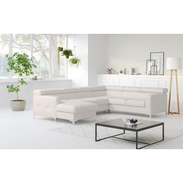 Wohnlandschaft COTTA "Sammy U-Form", wei&szlig;, B:304cm H:74cm T:240cm, NaturLEDER, die R&uuml;ckseite ist mit schwarzem und die Liegefl&auml;che der Bettfunktion ist mit beigem Spannstoff bezogen, Sofas, Wohnlandschaft, mit Kopfteilverstellung, wahlweise mit Bettfunktion & Bettkasten