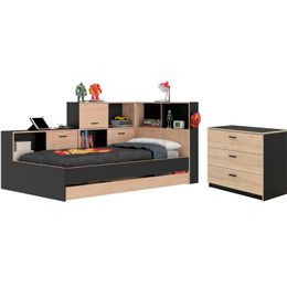 Jugendzimmer-Set GAMI "Erwan", schwarz (kastanie natur, schwarz), B:120cm H:104cm T:221cm, Holzwerkstoff, Schlafzimmerm&ouml;bel-Sets, Jugendzimmer-Set, Ideal f&uuml;r Kinder- und Jugendzimmer