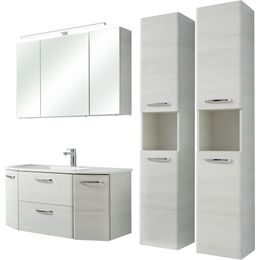 Badm&ouml;bel-Set SAPHIR "Quickset 936 4-teilig, Mineralmarmor-Waschtisch und LED-Spiegelschrank", wei&szlig; (eiche wei&szlig; quer nachbildung), B:172cm T:48cm, Holzwerkstoff, MDF, Kastenm&ouml;bel-Sets, Badm&ouml;bel-Set, 2 Hochschr&auml;nke, Eiche Wei&szlig; quer Nachbildung, inkl. T&uuml;rd&auml;mpfer, 9 T&uuml;ren
