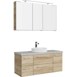 Badm&ouml;bel-Set SAPHIR "Serie 4035 2-teilig, Keramik-Aufsatzbecken mit LED-Spiegelschrank", braun (riviera eiche quer nachbildung), B:120cm H:200cm T:44,5cm, Holzwerkstoff, Kastenm&ouml;bel-Sets, Badm&ouml;bel-Set, Waschplatz inkl. T&uuml;rd&auml;mpfer, 120 cm breit, 4 Schubladen, 4 T&uuml;ren