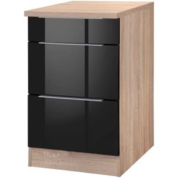 Unterschrank KOCHSTATION "KS-Brindisi", schwarz (schwarz hochglanz, eichefarben), B:50cm H:85cm T:60cm, Holzwerkstoff, MDF, Schr&auml;nke, Unterschrank, 50 cm breit, inklusive 2 gro&szlig;er Ausz&uuml;ge