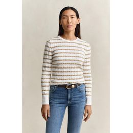 Rundhalspullover Gant "STRETCH COTTON CABLE STRIPE C-NECK", Damen, Gr. S, grau (oat beige), Strick, Obermaterial: 88% Baumwolle, 10% Polyamid, 2% Elasthan, slim fit, Rundhals, Rippb&uuml;ndchen, Pullover Rundhalspullover