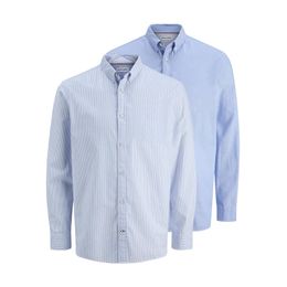 Jack & Jones Langarmhemd JACK & JONES "JJOXFORD DETAIL SHIRT LS 2 PACK MP", Herren, Gr. L, N-Gr, blau (cashmere blau pack:with infinity stripes), Web, Obermaterial: 100% Baumwolle, gestreift, relaxed fit normal, Hemden Langarmhemd