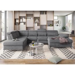 Sit & More Wohnlandschaft SIT & MORE "Cabrio U-Form, B: 359 cm, mit Sitztiefen-, Arm- & Kopfteilverstellung", grau, B:359cm H:87cm T:230cm, 100% Polyester, Sofas, Wohnlandschaft, 3 Nierenkissen, Federkern, optional Bettfunktion und Stauraum