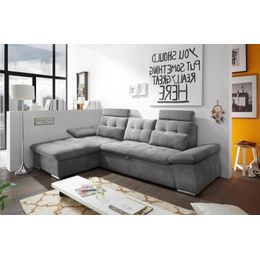 Ecksofa ED EXCITING DESIGN "Nalo L-Form", grau (dunkelgrau), B:268cm H:103cm T:170cm, 95% Polyester, 5% Nylon, Sofas, Ecksofa, mit Bettfunktion, Armteilverstellung, Kopfst&uuml;tzen & 2 Nierenkissen