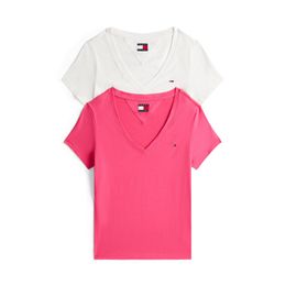 T-Shirt Tommy Jeans "TJW 2PACK V-NECK TEE", Damen, Gr. XS (34), rosa (ecru, jewel pink), Jersey, Obermaterial: 100% Baumwolle, gestreift, regular fit h&uuml;ftlang, V-Ausschnitt, abgesteppt, Shirts T-Shirt, mit Logostickerei