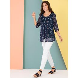 Longbluse Classic Basics, Damen, Gr. 40, bunt (marine, pink, bedruckt), 100% Polyester, gebl&uuml;mt, gemustert, mehrfarbig, Rundhals, Blusen Longbluse