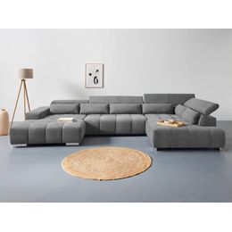 Wohnlandschaft COTTA "Orion U-Form", grau (anthrazit), B:409cm H:73cm T:225cm, 100% Polyester, Sofas, Wohnlandschaft, mit Kopfteilverstellung & 6 Nierenkissen