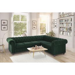 Chesterfield-Sofa Home Affaire "Duc Ecksofa L-Form", gr&uuml;n, B:255cm H:74cm T:214cm, Samtoptik (100% Polyester);Samtoptik (100% Polyester);Luxus-Microfaser Lederoptik (100% Polyester), Sofas, Chesterfield-Sofa, hochwertige Knopfheftung im R&uuml;cken, Samtoptik mit changierender Optik