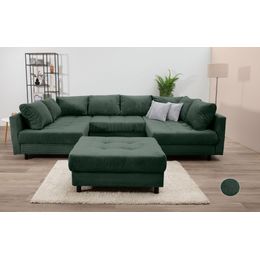 Wohnlandschaft Collection AB "Toni U-Form, B: 298 cm", gr&uuml;n (flaschengr&uuml;n), B:298cm H:44cm T:184cm, 100%Polyester, Sofas, Wohnlandschaft, mit Hocker & 3 Zierkissen, Federkern