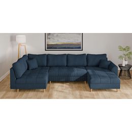 Wohnlandschaft Home Affaire "CHARRE U-Form mit Ottomane, Ma&szlig;e B/T/H: 310/161/81 cm", blau (dunkelblau), B:310cm H:81cm T:161cm, 100% Polyester, Sofas, Wohnlandschaft, feine Steppung, lose R&uuml;cken- und Zierkissen, auch in Cord und Boucl&eacute;