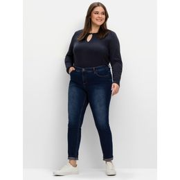Stretch-Jeans sheego, Damen, Gr. 44, Normalgr&ouml;&szlig;en, blau (dunkelblau denim), 74% Baumwolle, 22% Polyester, 3% Viskose, 1% Elasthan, unifarben, lang, Jeans Stretch-Jeans