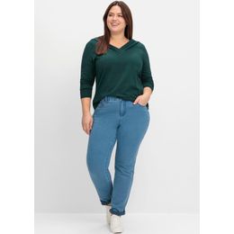 Langarmshirt sheego by Joe Browns "Langarmshirt", Damen, Gr. 56/58, blau (petrol), 95% Baumwolle, 5% Elasthan, unifarben, V-Ausschnitt, Shirts Langarmshirt