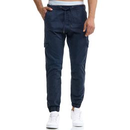 Cargohose INDICODE "INLevi", Herren, Gr. L, N-Gr, blau (navy), Web, Obermaterial: 98% Baumwolle, 2% Elasthan, unifarben, regular fit kn&ouml;chellang, Hosen Cargohose, mit seitlichen Cargotaschen und elastischen B&uuml;ndchen