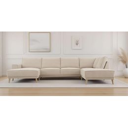 Wohnlandschaft OTTO HOME "Oland Skandi, weicher Chenille-Stoff", beige, B:345cm H:85cm T:210cm, 100% Polyester, Sofas, Wohnlandschaft, U-Form, 345 cm, Wellenunterfederung, Skandi-Design, Massivholzf&uuml;&szlig;e
