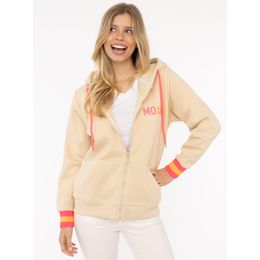 Kapuzensweatjacke Zwillingsherz "Rahel", Damen, Gr. L, beige, Sweatware, Obermaterial: 50% Baumwolle, 50% Polyester, bedruckt, unifarben, h&uuml;ftbedeckend, ohne Ausschnitt, Rippb&uuml;ndchen kontrastfarben, Sweatjacken Kapuzensweatjacke, Langarm, Kapuze, Rei&szlig;verschluss, modisch, Schriftzug, Taschen