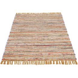Teppich CarpetFine "Kelim Chindi, Wendeteppich", gelb, B:120cm H:6mm L:170cm, Baumwolle, Polyester, Teppiche, Teppich, handgewebt, Fleckerlteppich mit Fransen, auch vielen in L&auml;ufergr&ouml;&szlig;en