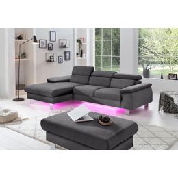 Ecksofa COTTA "Komaris L-Form, B: 244 cm", grau, B:244cm H:72cm T:166cm, Microfaser PRIMABELLE (100% Polyester);Kunstleder SOFTLUX(100%Polyurethan);Feinstruktur (100% Polyester);Kunstleder SOFTLUX/Struktur (100%Polyurethan, 90%Polyester, 10% Polyacryl), Sofas, Ecksofa, mit Kopfteilverstellung, optional Bettfunktion, Bettkasten & Licht
