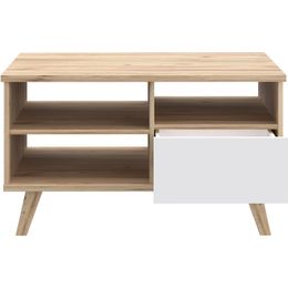 Couchtisch FORTE "Vankka Coffee Table", planked eiche, wei&szlig;, planked eiche, planked eiche, B:90cm H:51,1cm T:60cm, Tische, Couchtisch, 90 x 60 cm Schublade, offen F&auml;cher, Stauraun