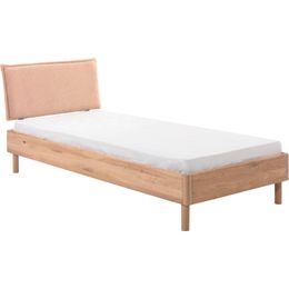 Einzelbett Home Affaire "stabil und hochwertig gebaut, Kanten gerundet, mit Polsterkopfteil", braun (eiche natur ge&ouml;lt, polster beige, eiche natur ge&ouml;lt), B:85,5cm H:100cm L:211,5cm, Betten, Einzelbett, 90/200 cm inkl. Lattenrost, aus massiver Eiche natur ge&ouml;lt