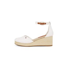 Keilsandalette Tommy Hilfiger "FLAG CLOSED TOE MID WEDGE ESPAD", Damen, Gr. 42, braun (ecru, braun), Baumwolle, Leder, Schuhe Keilsandalette, Riemchensandale, Sommerschuh mit verstellbarer Schnalle