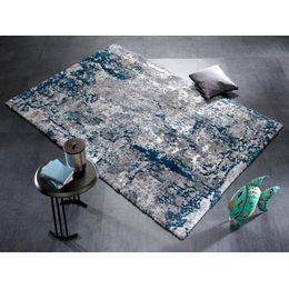 Teppich OCI DIE TEPPICHMARKE "JUWEL LIRAY", grau (grau, petrol), B:240cm H:20mm L:290cm, Polyester, Polypropylen, Teppiche, Teppich, Kurzflor, Wohnzimmer, Marmor Optik, Hoch Tief Effekt