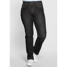 5-Pocket-Jeans sheego, Damen, Gr. 54, Normalgr&ouml;&szlig;en, schwarz (schwarz denim), 98% Baumwolle, 2% Elasthan, Einsatz:8% Elasthan, 92% Polyester, unifarben, lang, Jeans 5-Pocket-Jeans