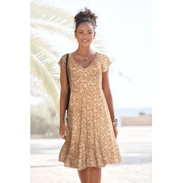 Jerseykleid Buffalo, Damen, Gr. 44, N-Gr, beige (braun, creme, bedruckt), Single Jersey, Obermaterial: 100% Viskose, gebl&uuml;mt, figurumspielend ca. Mitte Oberschenkel, V-Ausschnitt, Kleider Jerseykleid, mit Bl&uuml;mchenprint und V-Ausschnitt, Sommerkleid, Strandkleid, Topseller