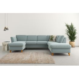 Wohnlandschaft Home Affaire "Trelleborg U-Form", blau (aqua), B:307cm H:86cm T:213cm, 100% Polyester, Sofas, Wohnlandschaft, Federkern-Polsterung, wahlweise mit Bettfunktion und Stauraum