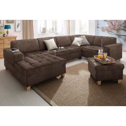 Wohnlandschaft Home Affaire "Corby, viel Platz und Komfort, U-Form", braun, B:333cm H:80cm T:199cm, Struktur fein (100% Polyester);Chenille (100% Polyester);NaturLEDER (echtes Rindsleder) auf Sitzfl&auml;che, Kunstleder im Korpus;Melrose (100% Polyester), Sofas, Wohnlandschaft, wahlweise mit Bettfunktion, Steppung auf Sitzfl&auml;che