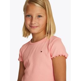 T-Shirt Tommy Hilfiger "ESSENTIAL RIB TOP mit Babylock-Kanten und Stickerei", M&auml;dchen, Gr. 14 (164), coral ice, Rippware, Obermaterial: 95% Baumwolle, 5% Elasthan, unifarben, normal h&uuml;ftlang, Rundhals, Rollkante, Shirts T-Shirt, unifarben, casual, regular fit, Baumwollmix, Rundhals