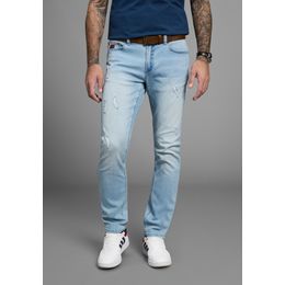 Straight-Jeans Bruno Banani "Hutch", Herren, Gr. 34, L&auml;nge 36, blau (l.blau dunkel), Denim/Jeans, Obermaterial: 98% Baumwolle, 2% Elasthan, Destroyed-Effekte, normal lang, Jeans Straight-Jeans, gerade geschnittenes Bein, niedrige Leibh&ouml;he, regul&auml;re Passform